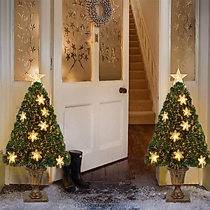 Juegoal 3 FT Pre-Lit Artificial Christmas Tree, 2 Pack Lighted Optical Fiber Entrance Tree in Gold Urn Base with Lights, 8 Lighting Modes, 110 Branch Tips Front Door Porch Entryway Holiday Home Decor