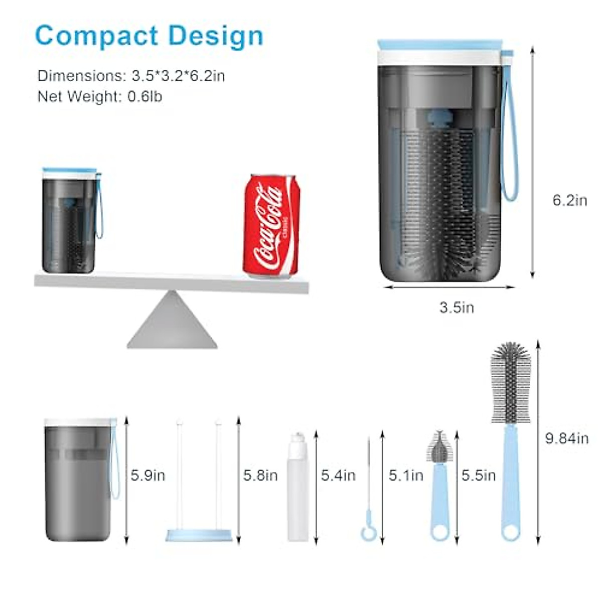 Travel Bottle Cleaner Kit with Baby Bottle Drying Rack, Silicone Liquid Brush, Nipple Brush, Straw Brush, Bottle Soap Dispenser, Baby Bottle Scrubber Brush - Portable Baby Bottle Brush Set, Blue