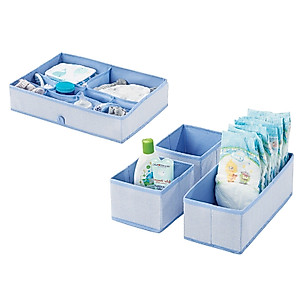 mDesign Fabric 4-Piece Drawer Organizer Bins, Kids/Baby Nursery Dresser, Closet, Shelf, Playroom Organization, Hold Clothes, Toys, Diapers, Bibs, Blankets, Blue Herringbone