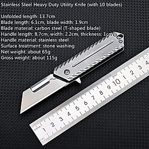 SZHOWORLD Stainless Steel Folding Utility Knife - Heavy Duty Box Cutter for Cartons, Cardboard and Boxes, Quick Change Blades, Extra 10 Blades Included