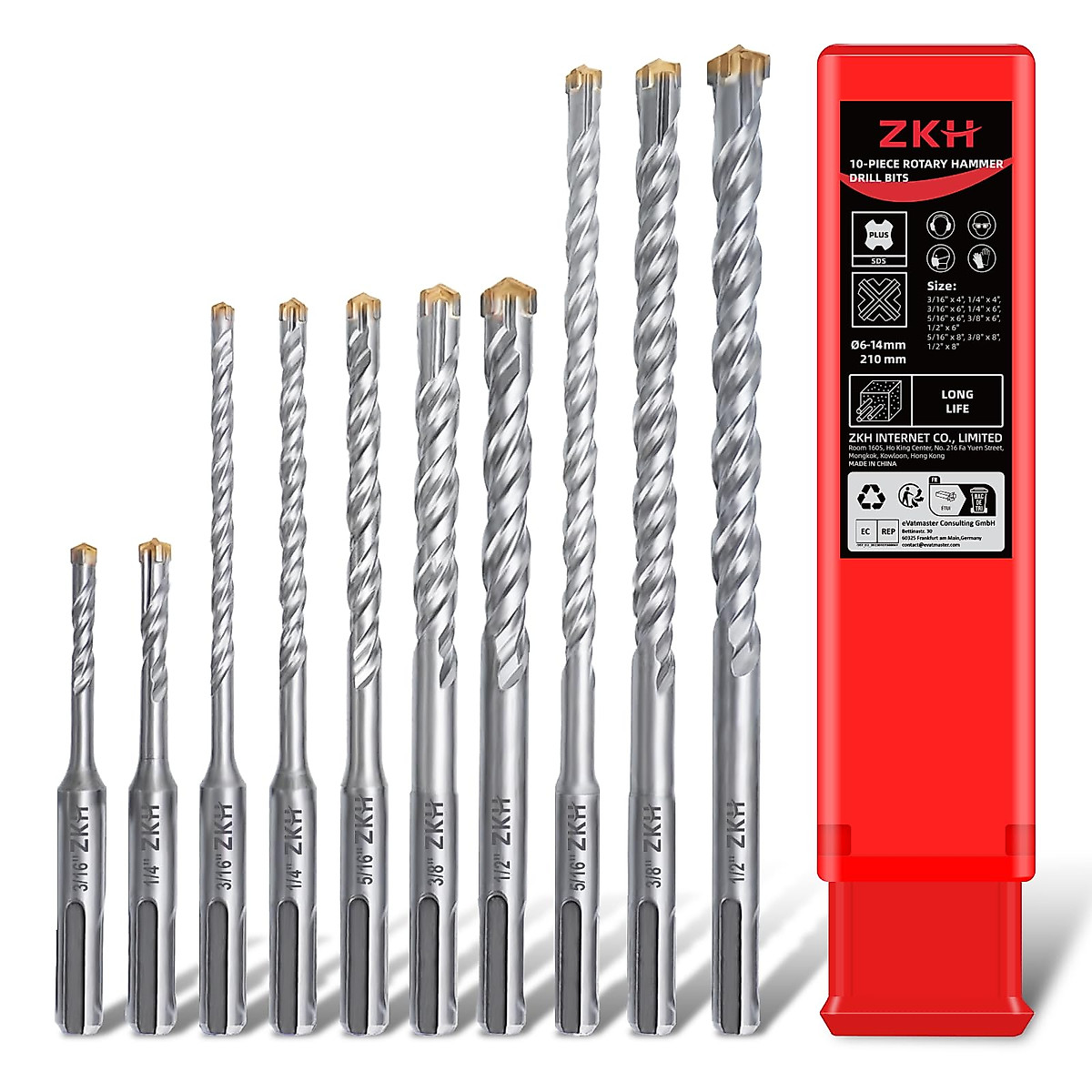 ZKH 10 Pcs SDS Plus Bits Set, (3/16'',1/4'',5/16'',3/8",1/2"), Carbide Tipped（YG8, Rotary Hammer Drill bits for Concrete, Cement, Stone, Brick, Ceramic Pots & More