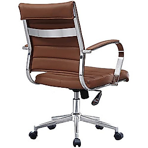 2xhome Brown Modern Mid Century Modern Contemporary Mid Back Ribbed PU Leather Swivel Tilt Adjustable Chair Executive Manager Office Conference Room Work Task Computer Ribbed Desk Chrome Wheels Arms