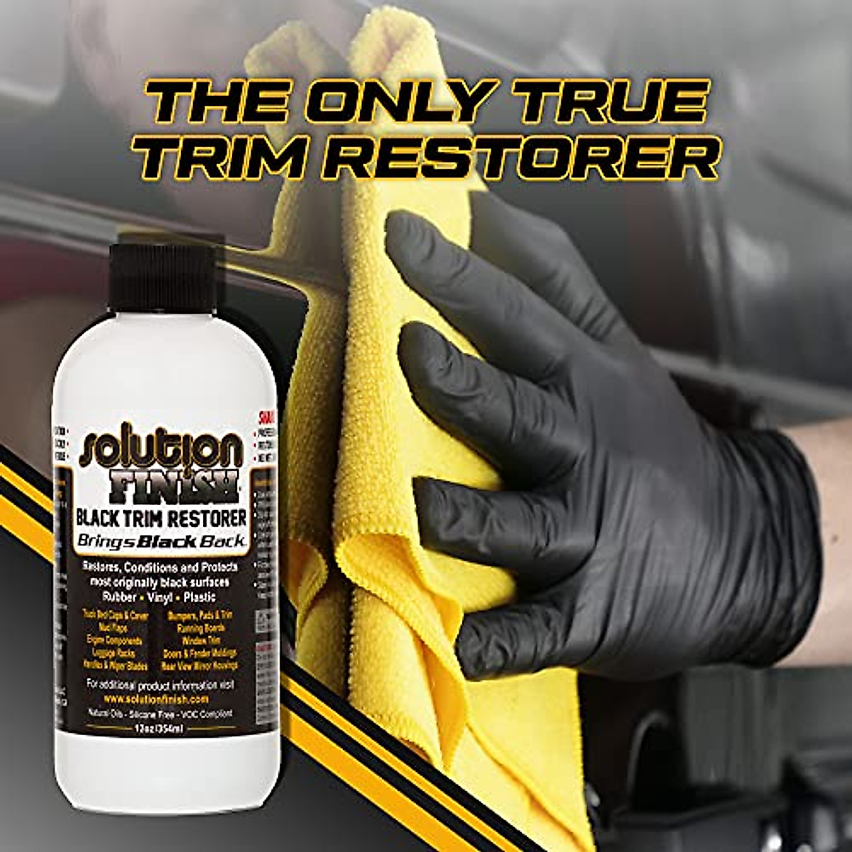 Solution Finish - Black Plastic & Vinyl Trim Restorer - Use for Car and Truck Detailing, No Wet Look, Instantly Revives Color To Trim, Bumpers, Mud Flaps, Etc., Black (12 oz)