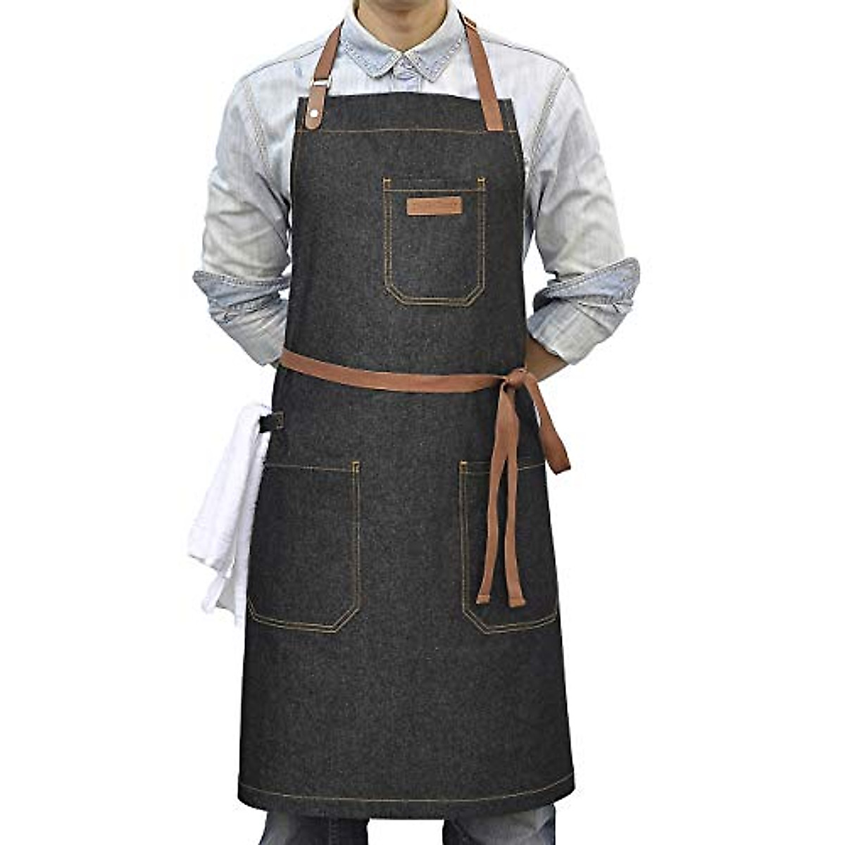 DingSay Trendy Denim Chef Apron with Pockets, Mens Womens Professional Kitchen Bib Black Apron for Cooking Grill BBQ Server, with Towel Loop and Adjustable Neck Straps