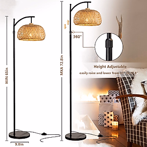 Bamboo Floor Lamp Rattan for Living Room,Bedroom,Farmhouse,Boho Standing Lamp with Control and Dimmable Bulb,Hand-Worked Woven Lamp Shades,Black Industrial Floor Light Adjustable Corner Tall Lamp
