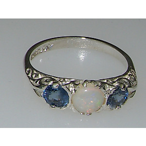 LetsBuyGold 925 Sterling Silver Natural Opal and Sapphire Womens Anniversary Ring - Size 7.25