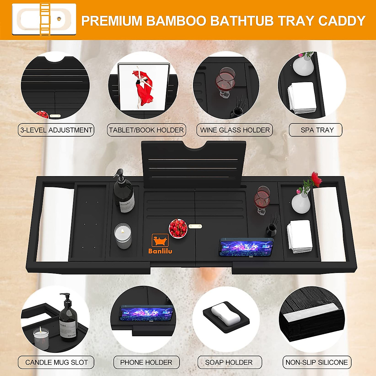 Premium Bathtub Tray Caddy - Expandable Bath Caddy Tray - Adjustable Bamboo Bath Caddy Tub Table - Unique House Warming Gifts New Home - Black