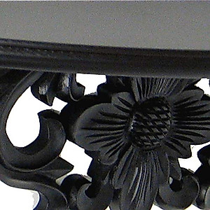 Benjara Hand Carved Wooden Moonbay Wall Shelf in Floral Design, Black
