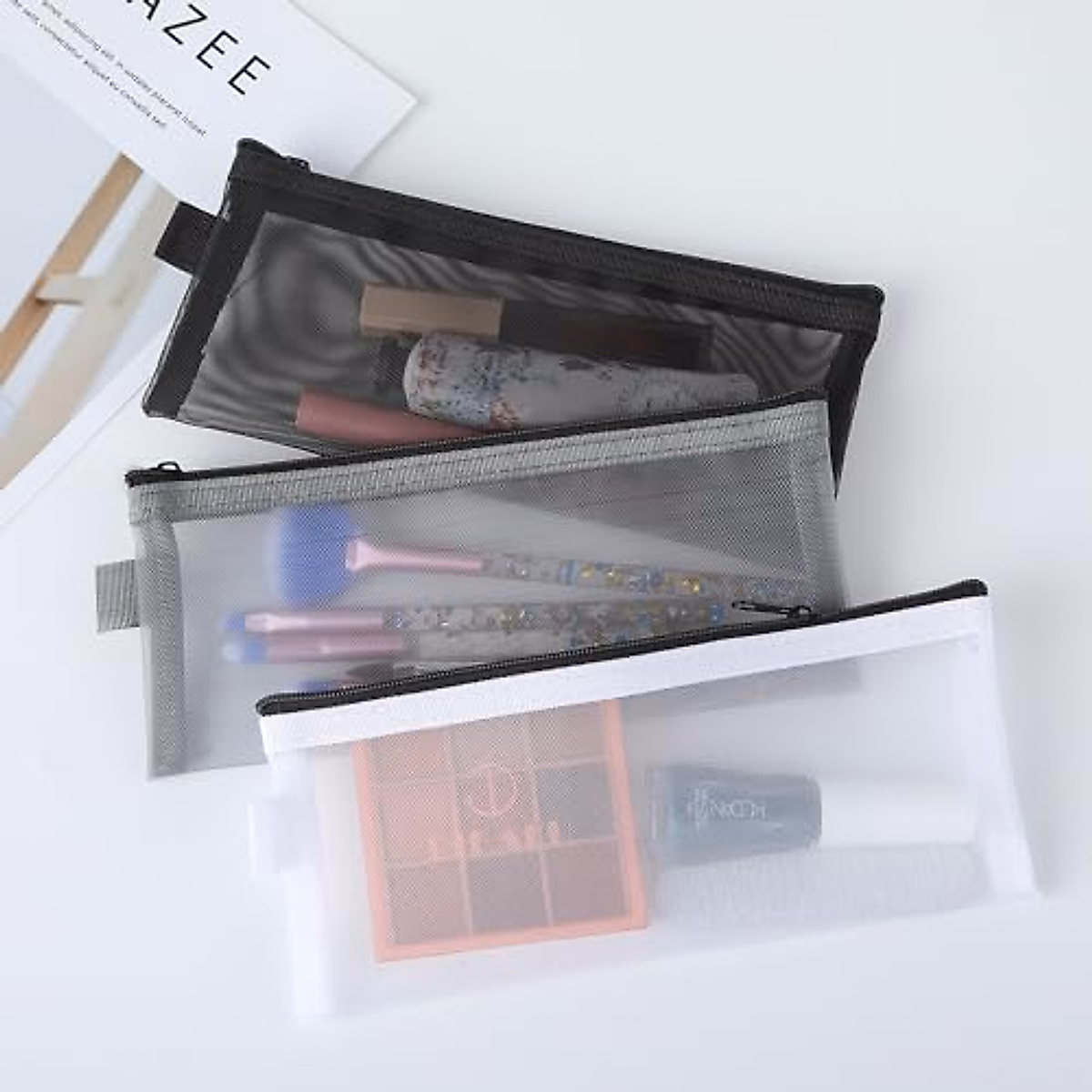 Sibba 3 Pieces Pencil Case Set, Clear Exam Pencil Pouch, Nylon Mesh Zipper Pen Storage Pouch, Makeup Bag for Women, Multipurpose Zipper Pencil Bags for Travel, Office Organization