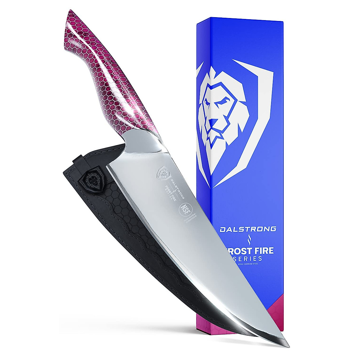 Dalstrong Chef Knife - 8 inch - Frost Fire Series - Frosted Amethyst Edition - HC 10CR15MOV Stainless Steel Kitchen Knife - Sand Blasted Frosted - Fuschia Honeycomb Handle - Sheath - NSF Certified