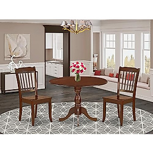 East West Furniture DMDA3-MAH-W 3 Piece Kitchen Table & Chairs Set Contains a Round Dining Room Table with Dropleaf and 2 Solid Wood Seat Chairs, 42x42 Inch, Mahogany