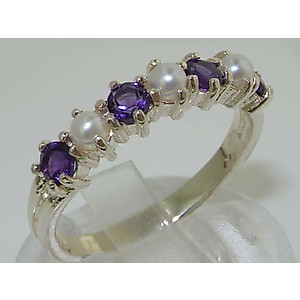 925 Sterling Silver Cultured Pearl & Amethyst Womens Anniversary Ring - Size 8