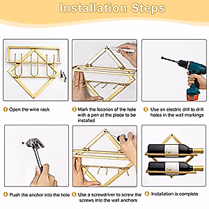 2Pcs Metal Wall Mounted Wine Holder Stemware Glass Rack, Upgrade Collapsible Hanging Red Wine Racks Organizer with 3 Stem Glass Holders, Wine Bottle Display Hanger for Home Kitchen Bar Decor…