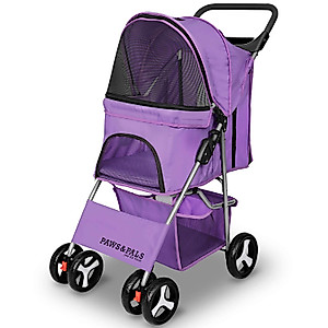 Paws & Pals Pet Stroller Cat/Dog Easy to Walk Folding Travel Carrier Carriage, Lavender Purple