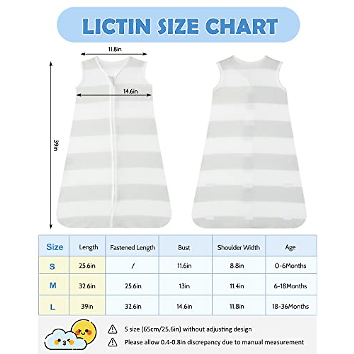 Lictin Baby Sleep Sacks-3 Packs Cotton Baby Wearable Blanket 0.5 TOG,Unisex Sleepsack with Adjustable Length 18-36 Months, Baby Sleeping Bag with 2-Way Safe Zipper for Infant Toddler Boy or Girl