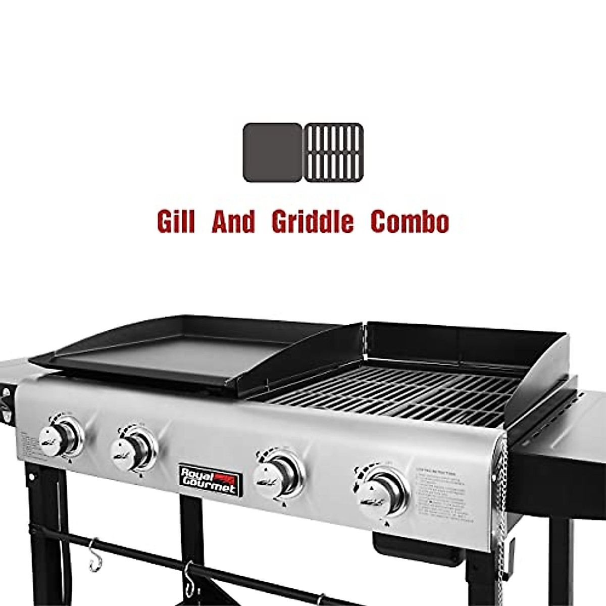 Royal Gourmet GD401 Portable Propane Gas Grill and Griddle Combo with Side Table | 4-Burner, Folding Legs,Versatile, Outdoor | Black
