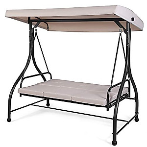 Tangkula 3 Seats Converting Patio Swing, Outdoor Porch Garden Canopy Swing with Comfortable Cushion Seats & Adjustable Tilt Canopy, Heavy Duty Hammock 3 Persons Porch Swing (Beige)