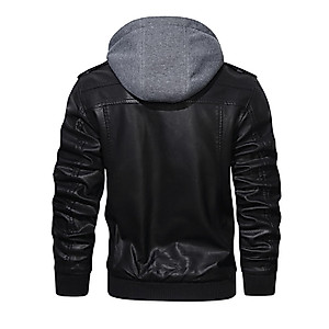 HOOD CREW Men’s Casual Stand Collar PU Faux Leather Zip-Up Motorcycle Bomber Jacket With a Removable Hood
