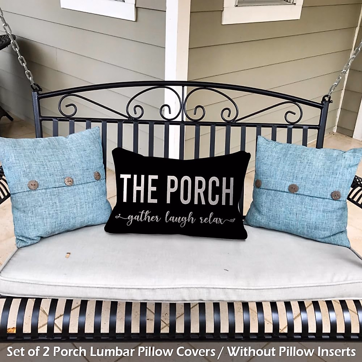 JOJOGOGO Welcome to Our Porch Pillows Black Farmhouse Outdoor Lumbar Pillow Covers 12x20 Waterproof Set of 2 Front & Back Porch Decor Rustic Throw Pillows for Garden Deck Patio Furniture (No Inserts)