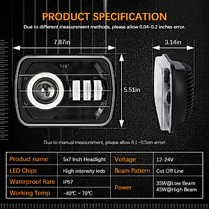 AMEXMART 5x7 7x6 Inch Led Headlights Compatible with Cherokee XJ Wrangler YJ Rectangle Replacement H6054 Headlamp
