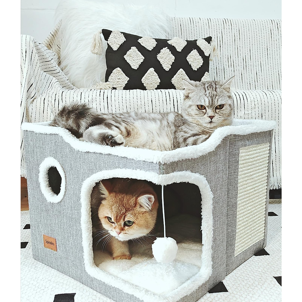 Spindro Large Cat Bed for Indoor Cats, Foldable Adult Cat Cave Anti Anxiety Cat House Cube with Scratch Pad Cat Towers, Cute Kitten Condo Hideaway Hut with Soft Pillow Mat for 2 Pets Under 30 lbs