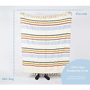 koez daizy Rainbow Retro Throw Blanket Cozy Knit Hippie Boho Decor (60"x51") Handwoven Colorful Cotton Stripe Tassel Blanket