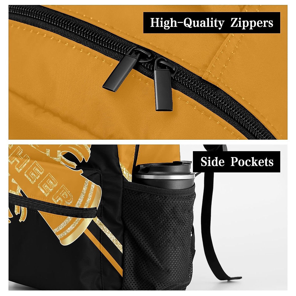 BigBigift Customized Cheer Yellow Black Cheerleaders Waterproof Backpack with Name for Hiking Camping Picnic 12.2(L)x5.9(W)x16.5(H)inch
