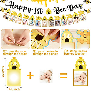 3 Pcs Happy 1st Bee Day Party Decorations, Bumble Honey Bee 1st Birthday Baby Photo Banner and Cake Topper, Bee Decorations Bee Birthday Party Decorations Bee Cake Decorations for Boys Girls Newborn