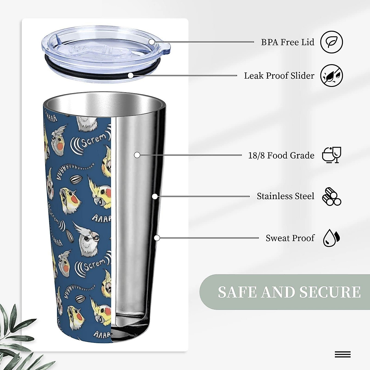 Mvirnsw Cockatiel 20 Oz Tumbler Stainless Steel Vacuum Insulated Coffee Ice Cup Double Wall Travel Flask