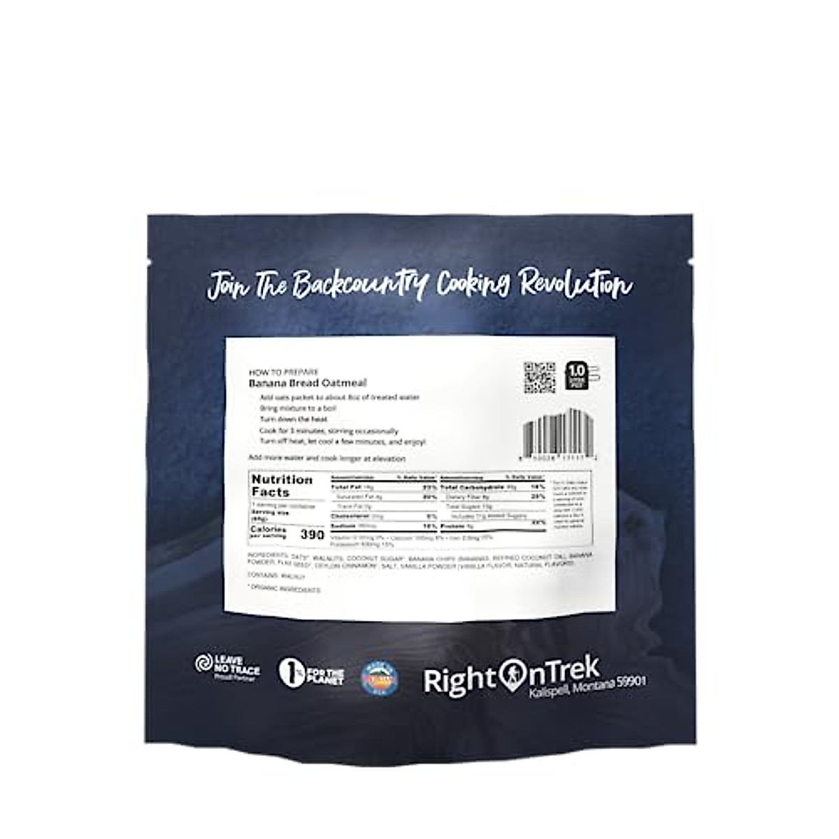 RightOnTrek Banana Bread Oatmeal | Backpacking, Camping, Hunting Food | No gluten ingredients, Vegetarian, No peanuts, Vegan, No dairy, No soy, Kids-friendly | 1 Serving