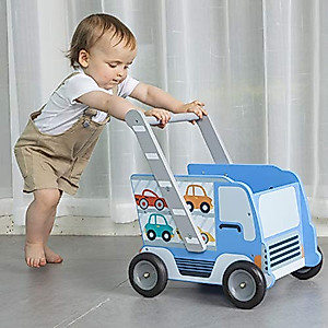 labebe Baby Wooden Learning Walker, 2-in-1 Toddler Push & Pull Toys Stroller Pushing Walker, Infant Sit to Stand Wood Walker Wagon, Transfer Cart Toy for Girls & Boys 1-3 Years Old Kids, Blue