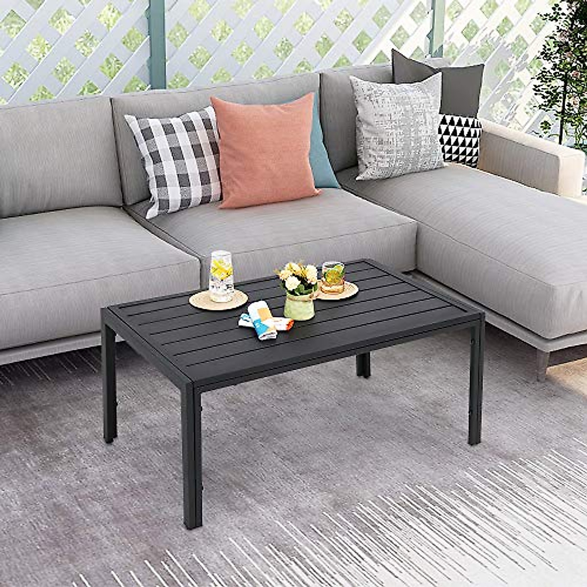 ABBLE Outdoor Coffee Table Steel Slat Black Coffee Table Indoor Outdoor Rectangle Patio Coffee Table for Living Room Café Courtyard Poolside Backyard (Black)