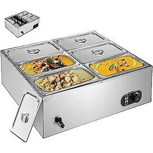 KFJZGZZ Electric Food Warmer 6 Pots, Commercial Countertop Stainless Steel Buffet Wet Well Sauce Food Warmer Steam Table Temperature Control Range 30-85°C with Covers, Drain Tap
