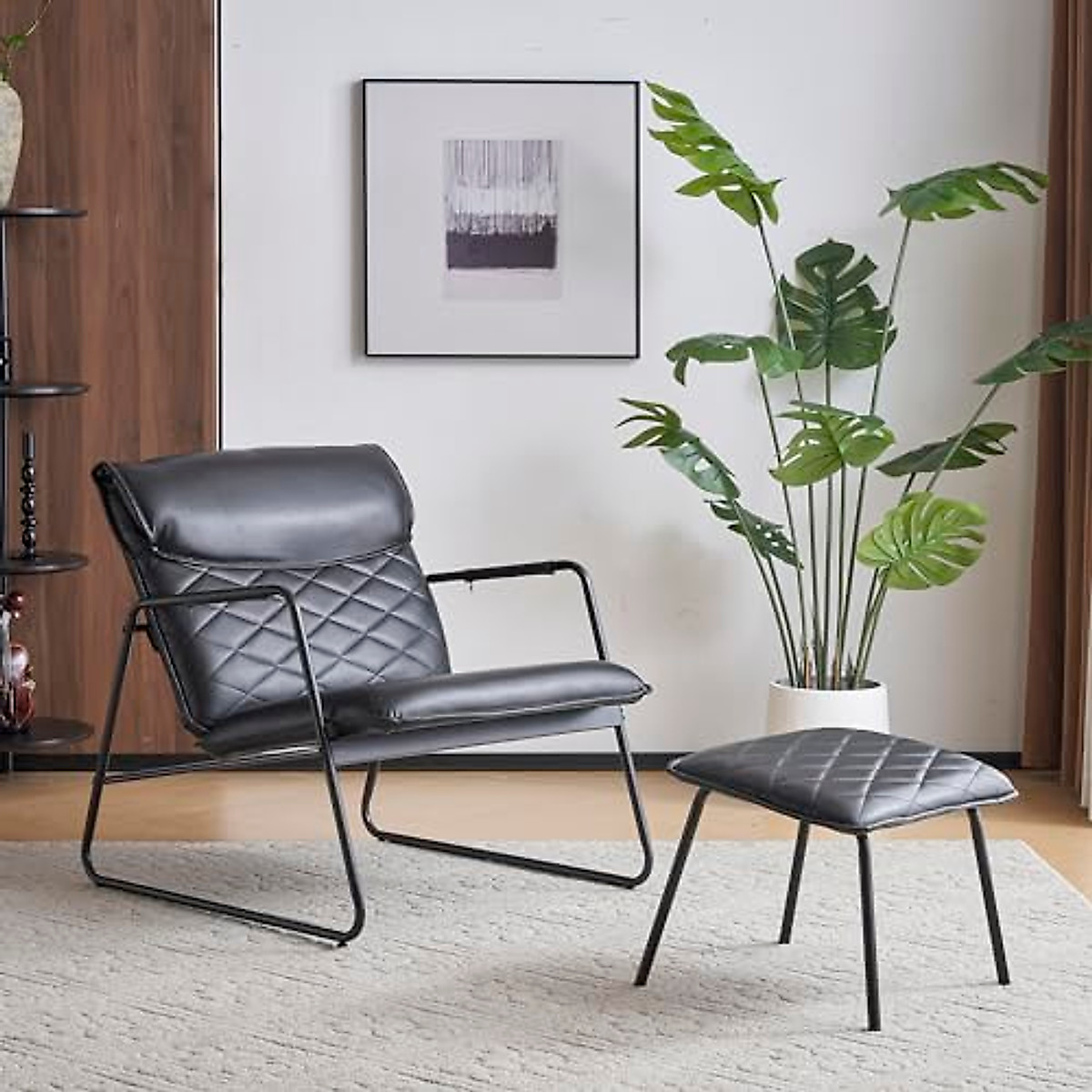 Tiophome Accent Chair and Ottoman Set, PU Leather Upholstered Comfy Side Leisure Lounge Armchair with Metal Frame & Lattice Back, Footstool for Living Room, Black, Extra Large