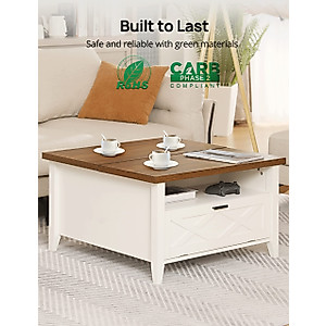 Evajoy Lift Top Coffee Table, Ergonomic Rising Table with Hidden Compartment, Dining Table with Storage Shelf, Retro Coffee Table, Farmhouse Storage with Lift Tabletop for Living Room, Office,White