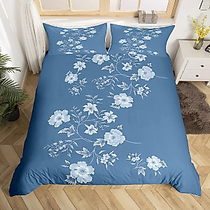 Girls Spring Floral Bedding Set,Blue Flowers Duvet Cover for Teens,Kids Botanical Floral Comforter Cover Decorative Room,Children Blue Quilt Cover with 2 Pillowcases,Full Size