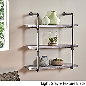 Christopher Knight Home Caden Industrial Three Tier Faux Wood Wall-Mounted Shelf, Finish, Light Gray + Texture Black