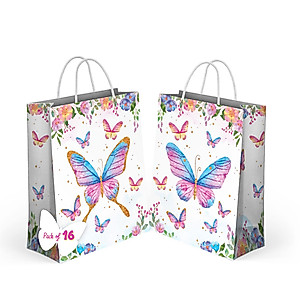Butterfly Party Bags Pack of 16 – Printed Butterfly Gift Bags with Handles – Sturdy Butterfly Goodie Bags for Treats & Gifts | Stylish Butterfly Candy Bags, Ideal for Any Butterfly Themed Party