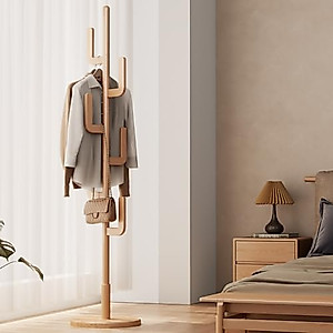 KungFuWood Coat Rack, Solid Wood Cactus Coat Rack Stand, Freestanding Coat Rack with 6 L-shaped Hooks and 3 Adjustable Sizes, Sturdy and Easy to Assemble Coat Tree for Entryway, Bedroom (Natural)