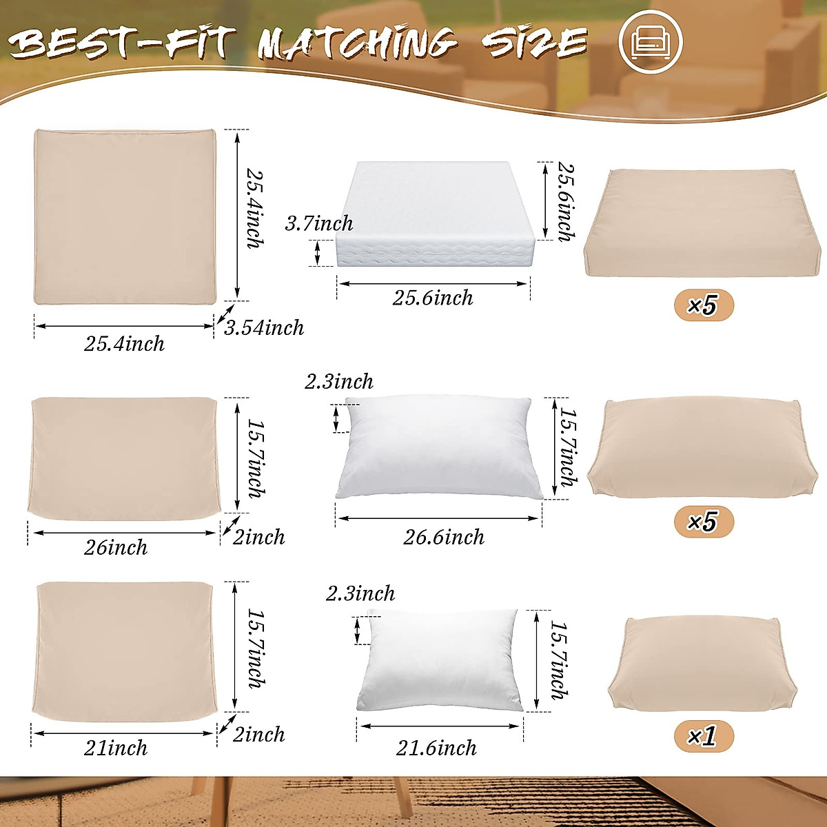 11 Pcs Outdoor Cushion Slipcovers Patio Cushion Covers Replacement Splash Proof with Zipper for Outdoor Indoor Furniture, Patio Sofa Couch 3 Sizes, Replacement Covers Only (Beige)