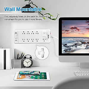 Power Strip Surge Protector with USB, Fast Charging Desktop USB C Power Strip Flat Plug with 10 AC Outlets 4 USB Ports, 1875W/15A, 8ft Extension Cords Outlet Strip for Home Office