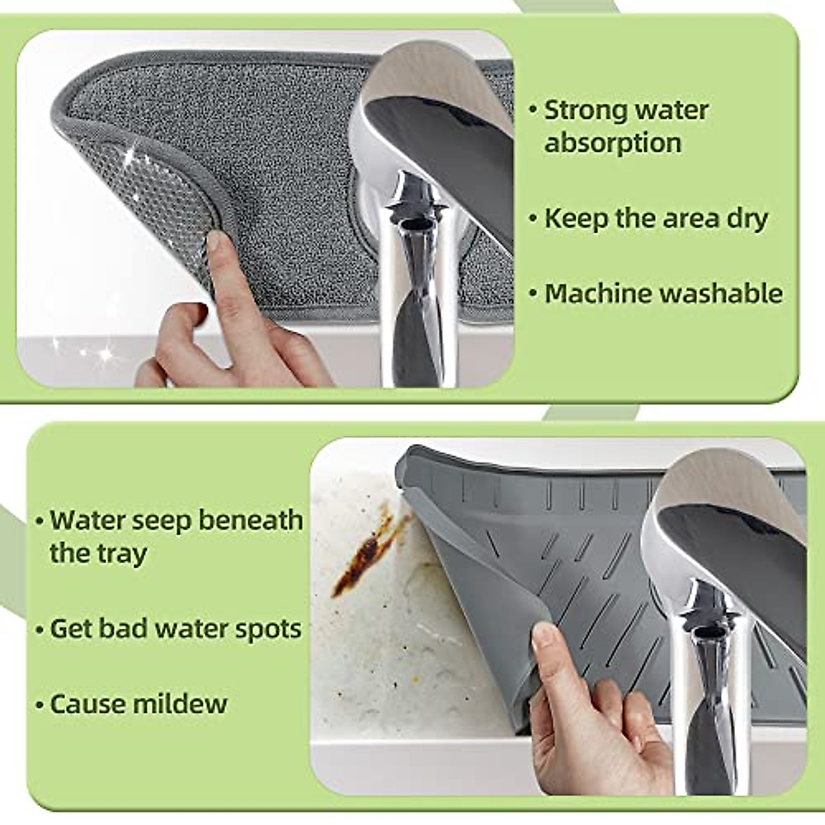 LOPNUR Faucet Mat for Kitchen Sink, 15”x 5” Kitchen Sink Splash Guard Behind Faucet, Sink Faucet Absorbing Mat for Kitchen & Bathroom, Washable Microfiber Faucet Splash Guard for Sink【Grey, 2 Pack】