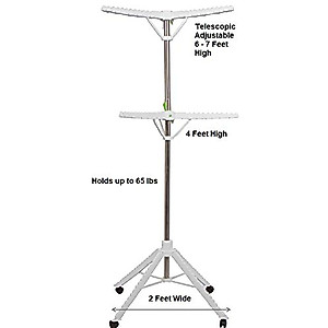 GO2 Drying Rack 2-Tier 60 Garments Plus 60 Clips, 50lbs Load Capacity, Foldable, Stainless Steel, Sturdy 4 Legs with Wheels (White)