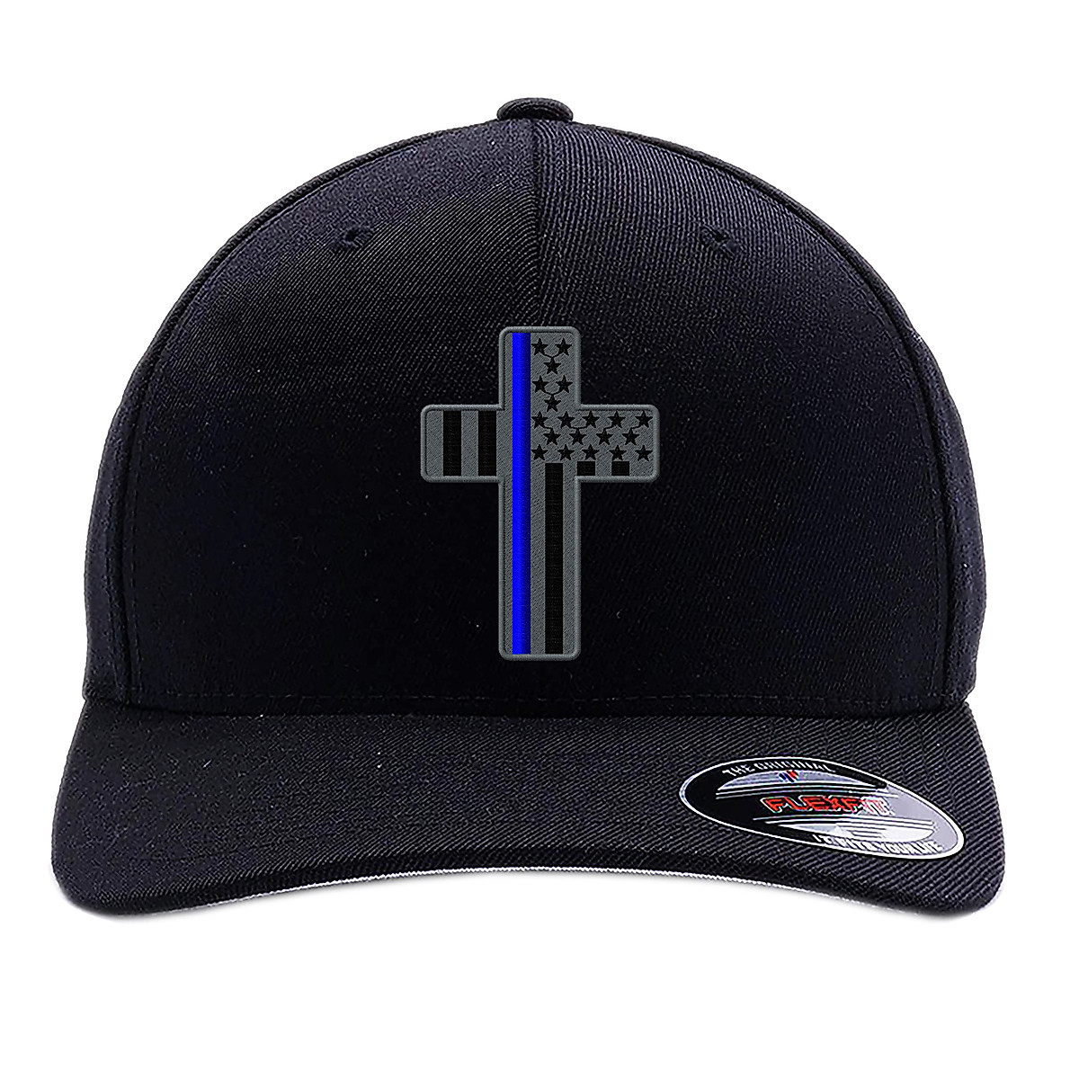 Firefighter Thin Red line Hereos Cross/Thin Blue line Heroes Cross American Flag Custom Embroidered Flexfit Hat (Black, L/XL)