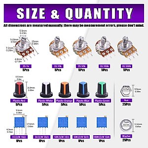Swpeet 80Pcs 1K-500K Ohm Potentiometer Assortment Kit with 1Kohm -100Kohm Multiturn Trimmer, Knurled Shaft 3 Terminals Single Linear HighPrecision Variable Resistor with Nuts and Washers