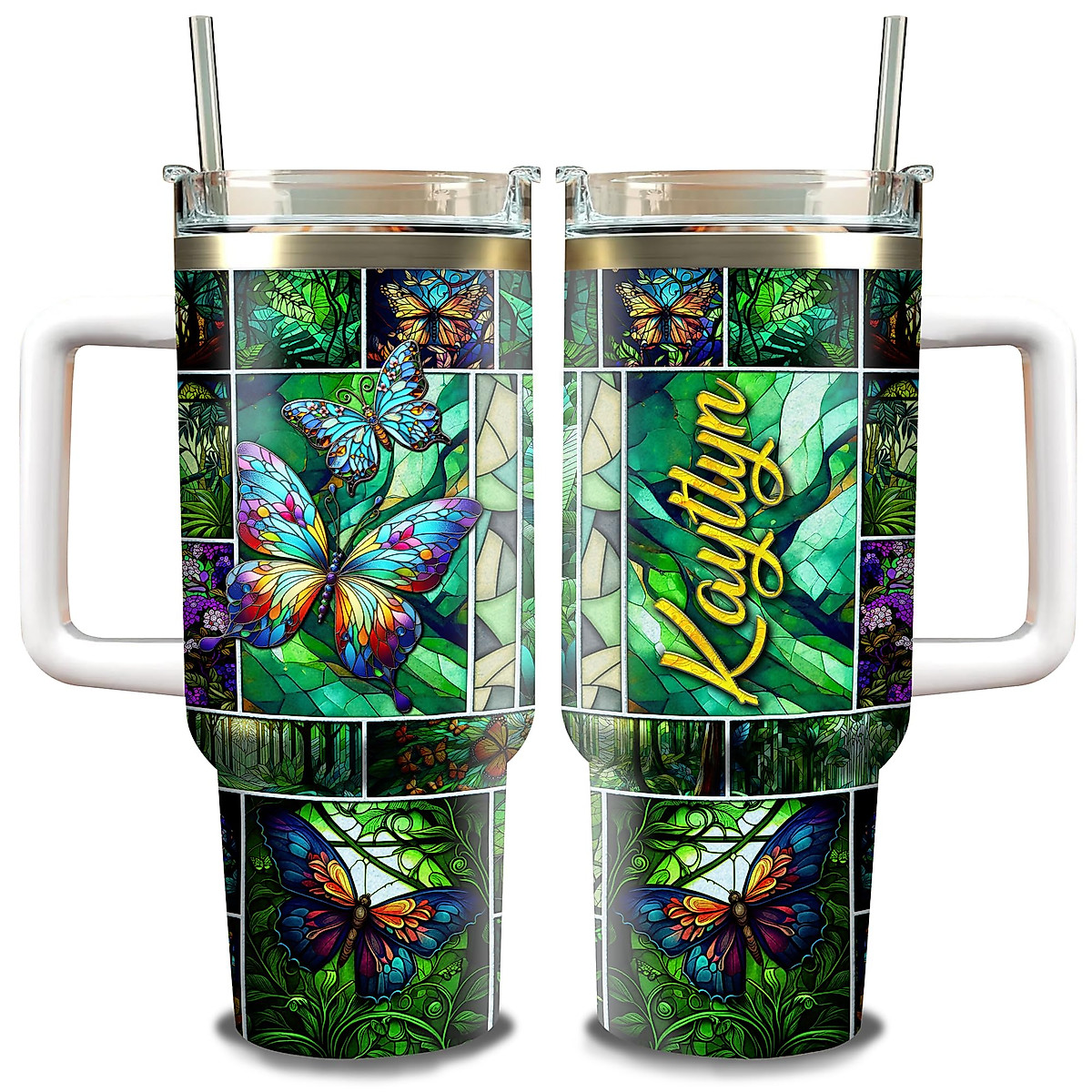 WAZONE Personalized Butterfly 40oz Travel Cup With Lid And Straw Custom Name Vacuum Stained Glass Style Tumblers Stainless Steel Insulated Cup Travel Mug Gift for Girls Woman Mother Coworker