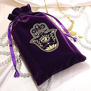ARTSY CRAFTS 6x9" Hamsa Hand Purple Velvet Jewelry Pouch Gift Bags, Fatima Hand Evil Eye Velvet Drawstring Bags, Tarot Rune bag, Dice Bag, Travel Bags (Eggplant Purple)