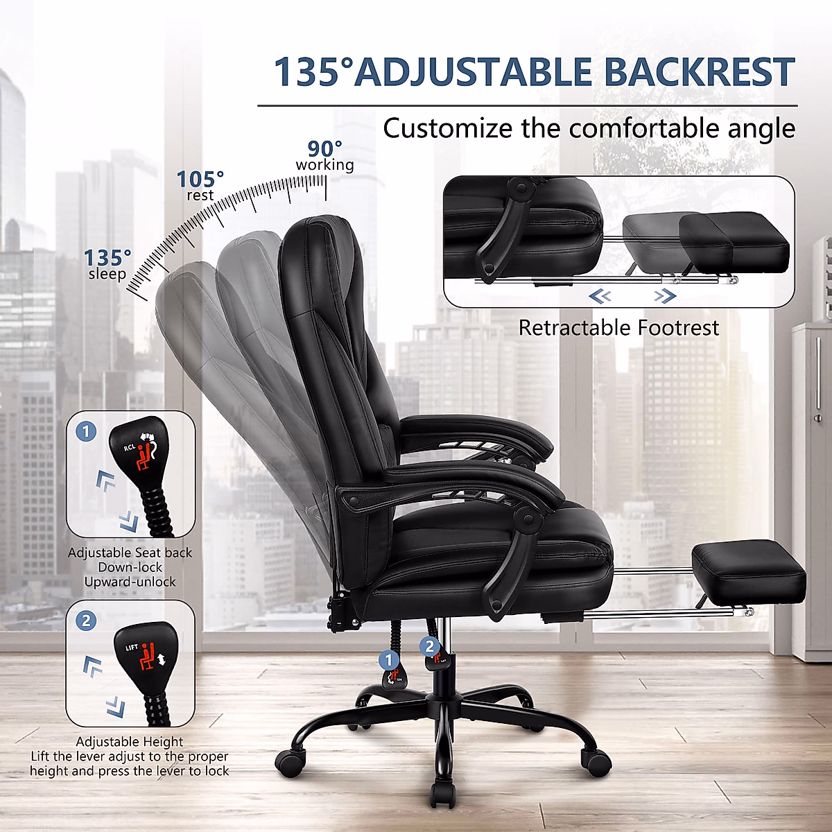 Guessky Executive Office Chair, Big and Tall Office Chair with Foot Rest Reclining Leather Chair, High Back Ergonomic Home Office Desk Chair(Black)