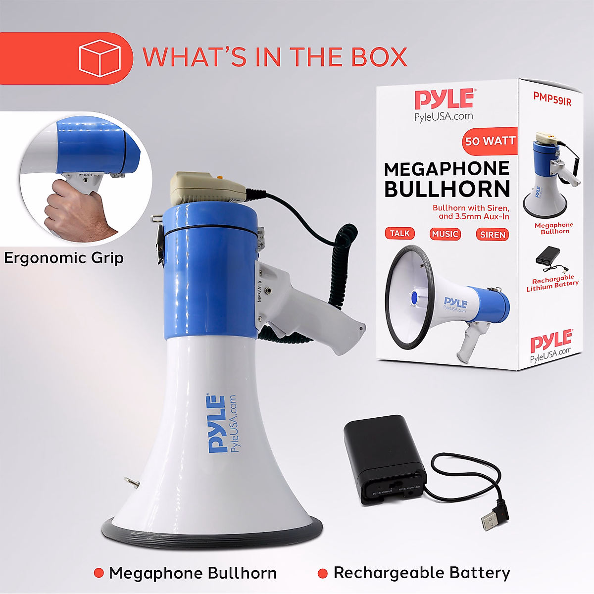Pyle Megaphone PA Bullhorn Speaker - Built-in Siren 50 Watts Rechargeable Battery- 10 Sec Record Function for Football Baseball Basketball Cheerleading Fans Coaches or for Safety Drills - (PMP59IR)