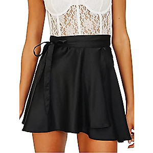 Umenlele Women's Satin Tie Knot Belted Waist Wrap Skater Mini Short Skirt Black X-Large